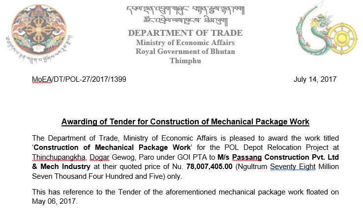 Awarding of Tender for Construction of Mechanical Package Work