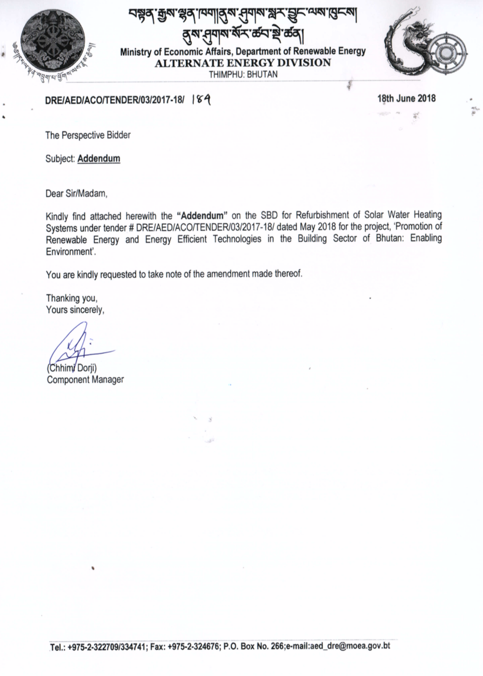 Addendum (Refurbishment of Solar Water Heating System)