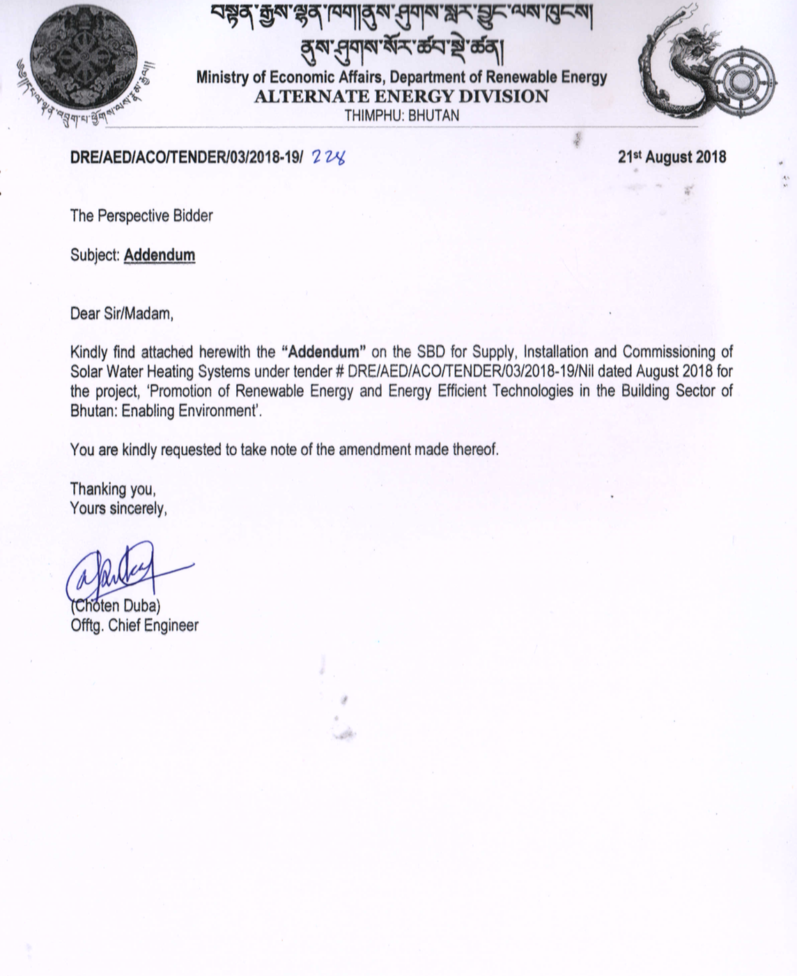 Addendum (SBD for supply, installation and commissioning of SWHS)