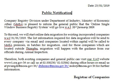 Public Notification for “Online Single Window Business Registry System”
