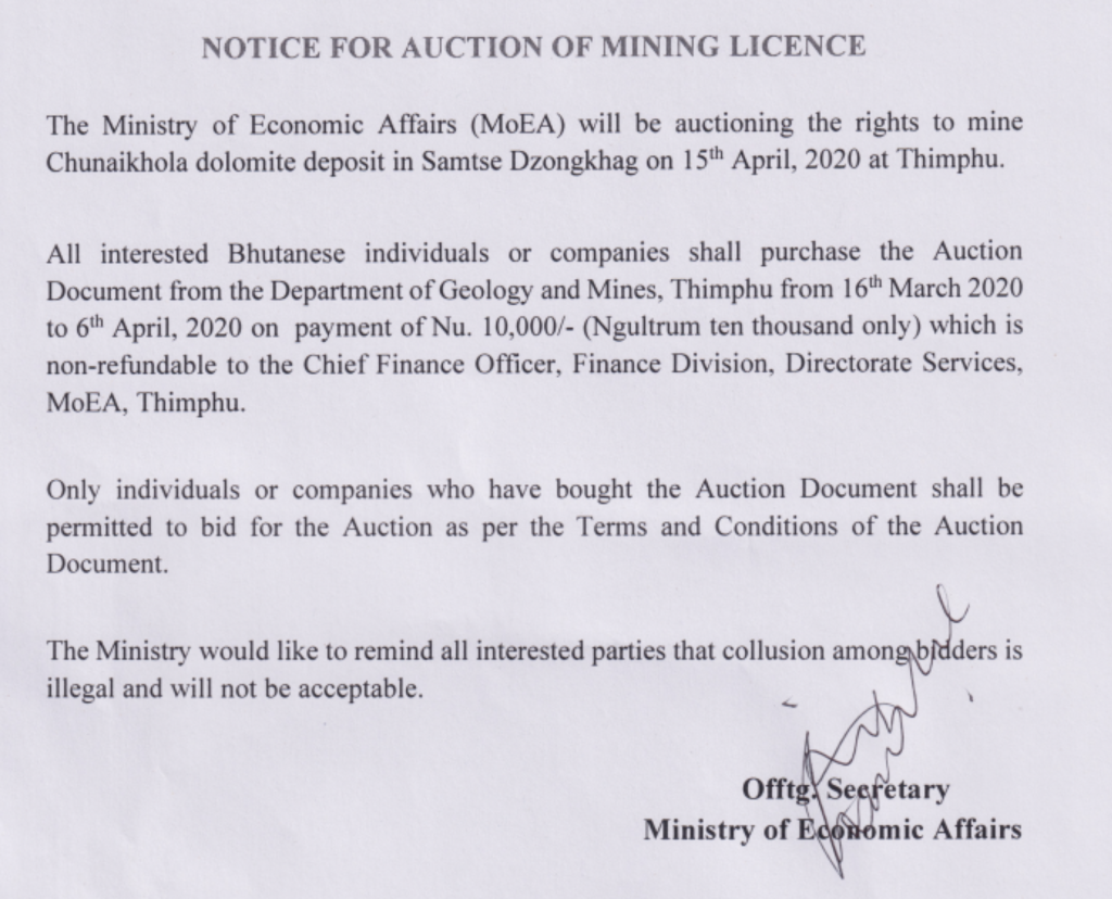 Notice for Auctioning of Mining License