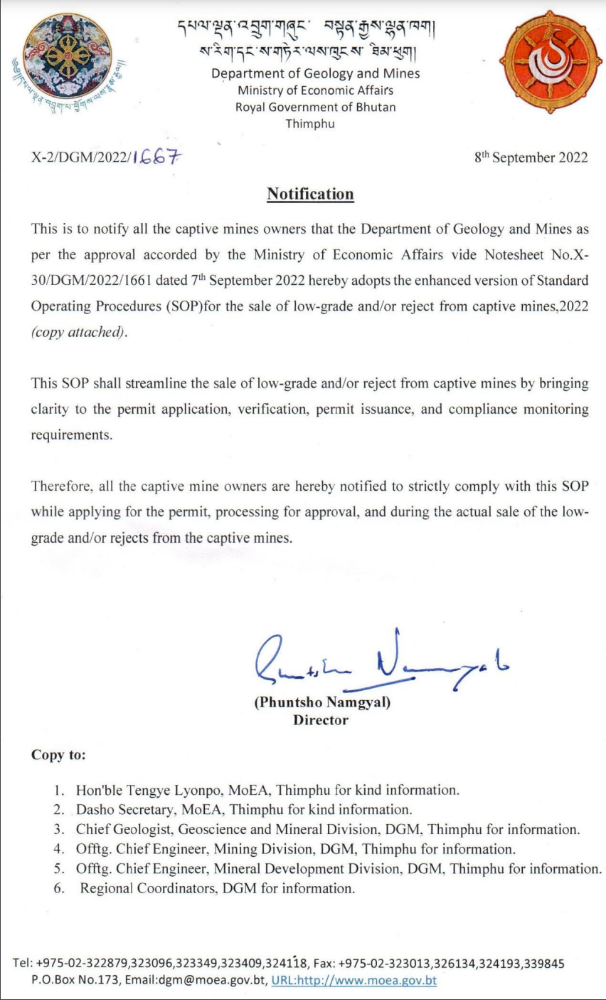 Notifcation of sale of lowgrade and or reject from captive mines 2022