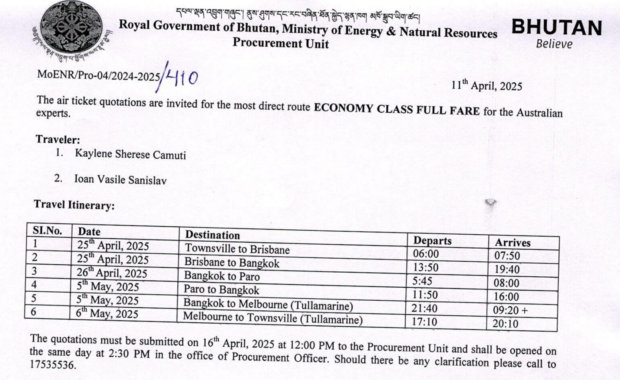 Air Ticket Quotation